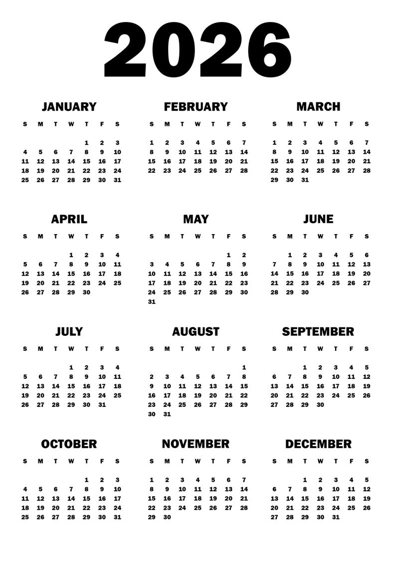 2026 Calendar PNG: Transparent Background, Printable (instant Download ...