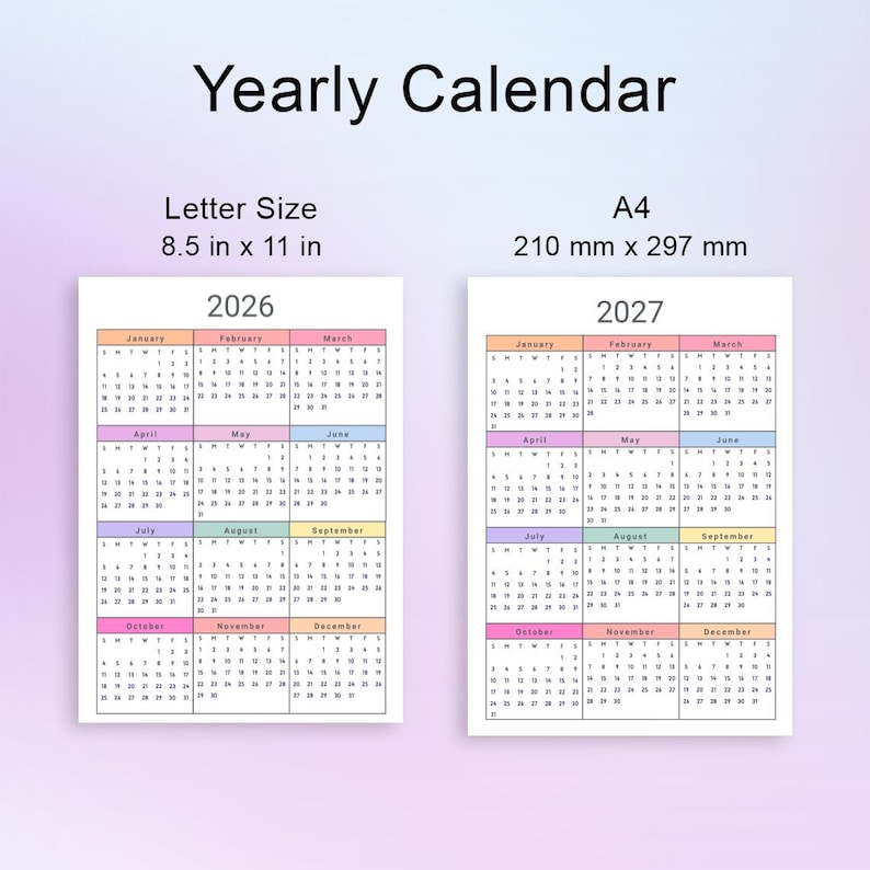 2026-2027 Colorful Calendar: A4 & Letter Size (PDF Download) - Etsy