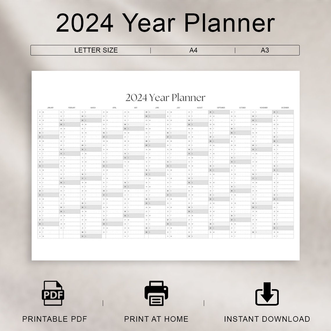 2024 Year Planner 2024 Minimalist Horizontal Calendar Planner 2024 One ...