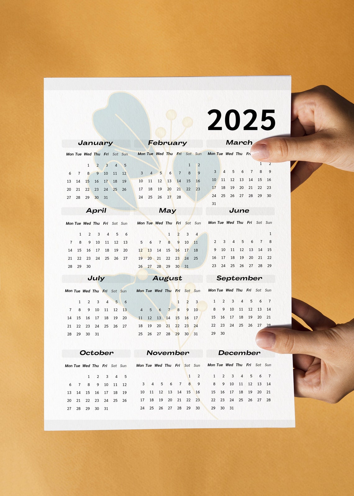 2025 Calendar One Sheet | Stylish Floral Design | Monday & Sunday Start ...