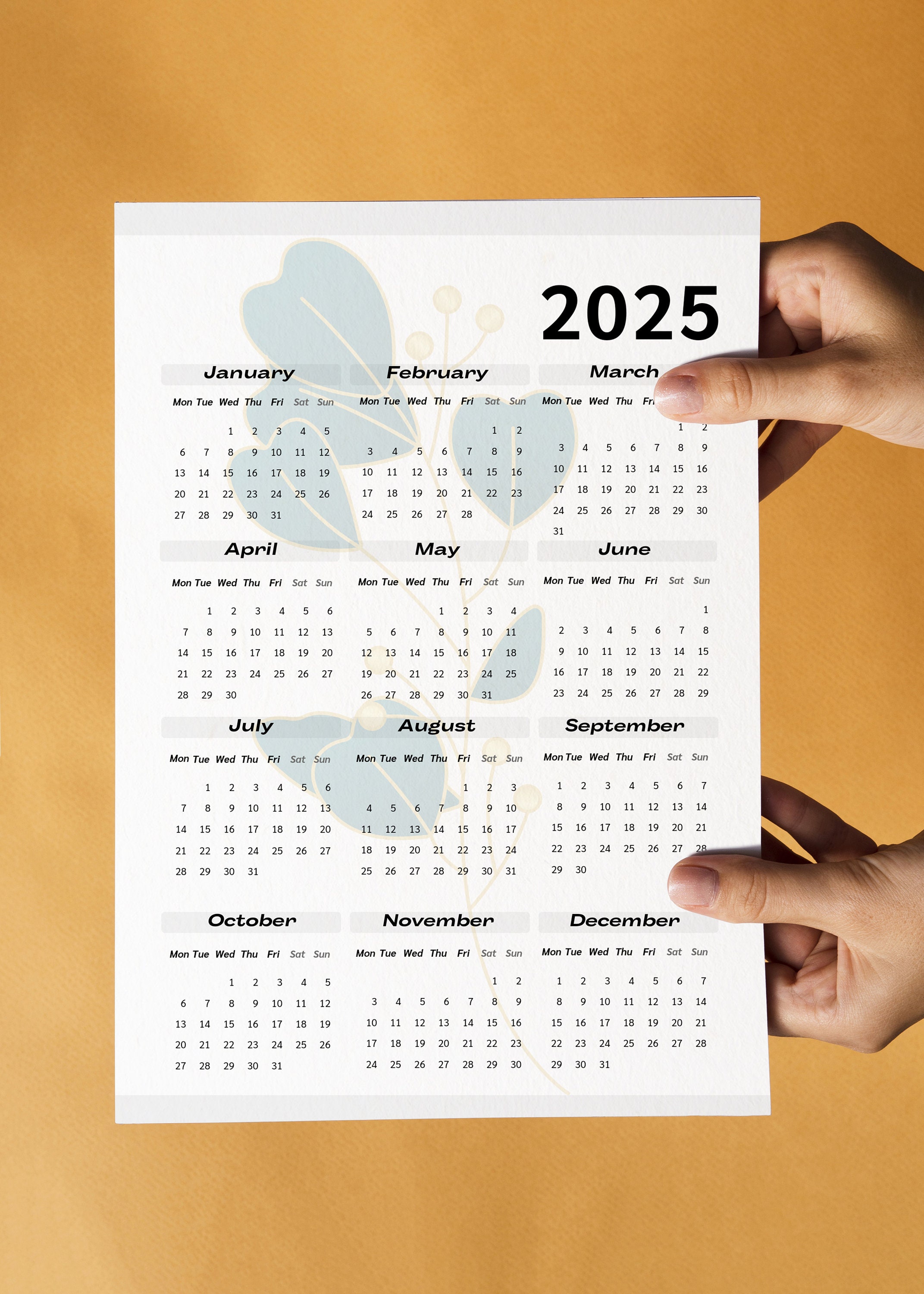 2025 Calendar One Sheet | Stylish Floral Design | Monday & Sunday Start ...