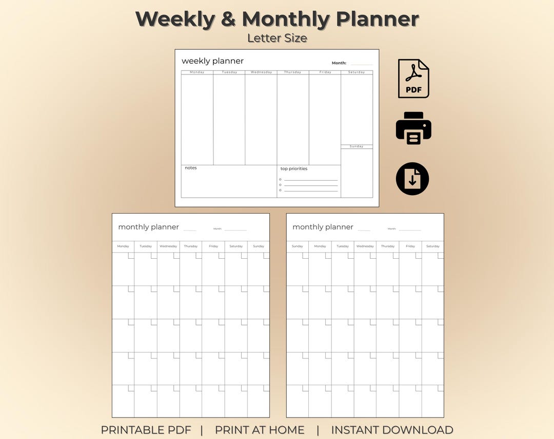 Undated Monthly and Weekly Planner Printable, Universal Year-round ...