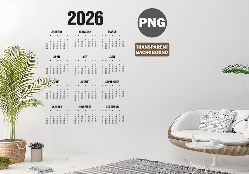 2026 Calendar PNG + JPG: Transparent Background, Printable (instant ...