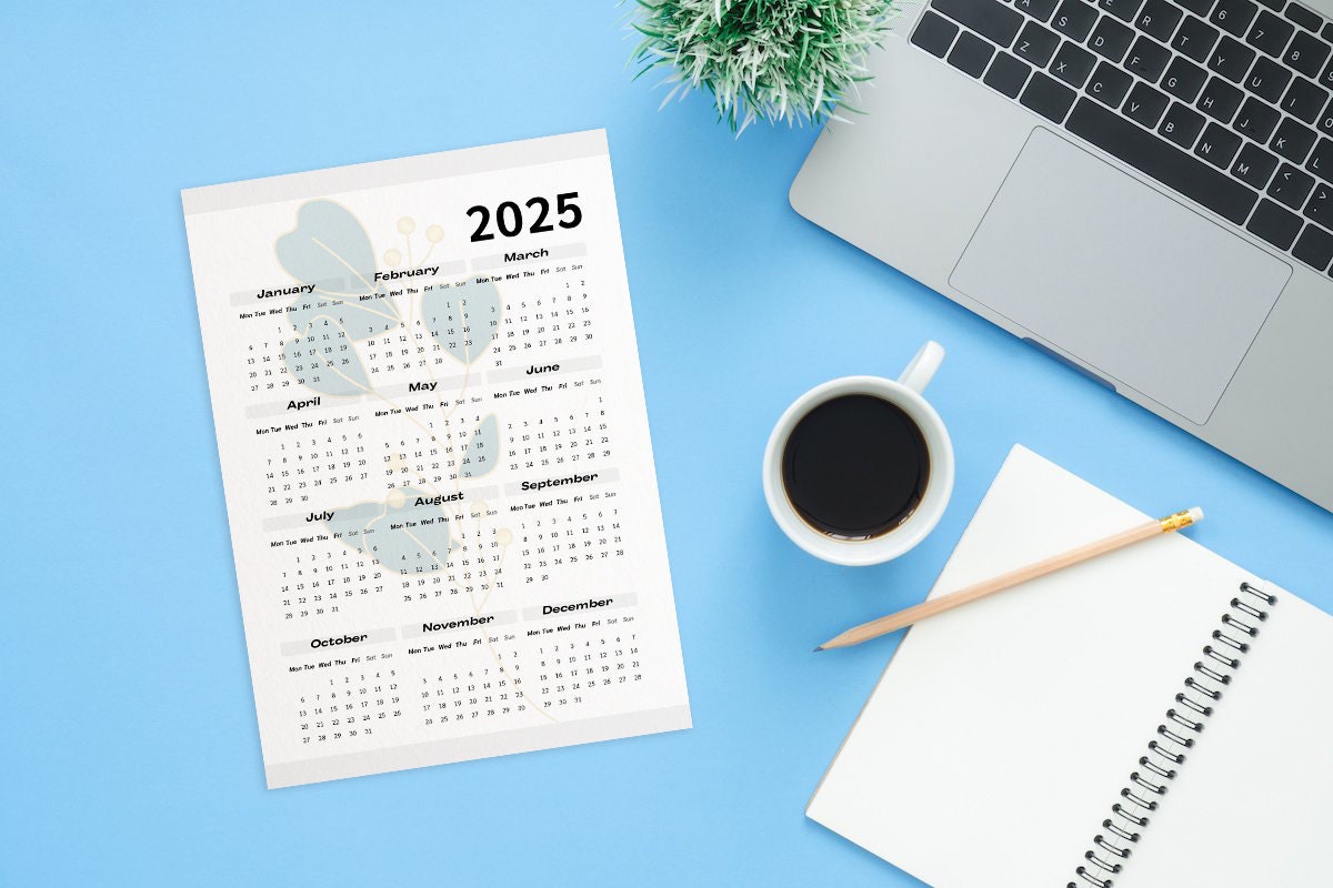 2025 Calendar One Sheet | Stylish Floral Design | Monday & Sunday Start ...