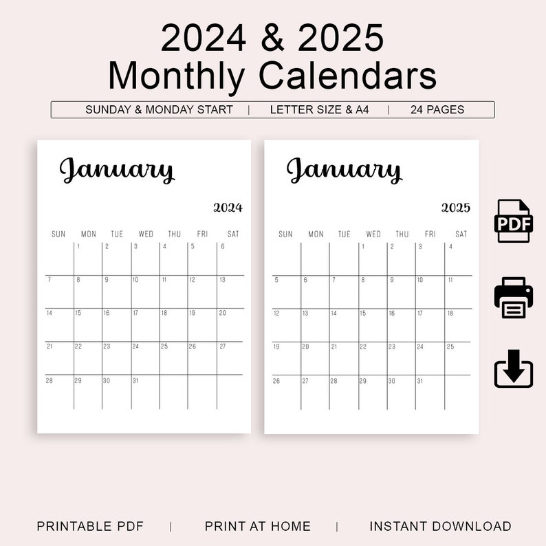 2024 & 2025 Calendar Printable 2024 2025 Vertical Monthly Planner ...