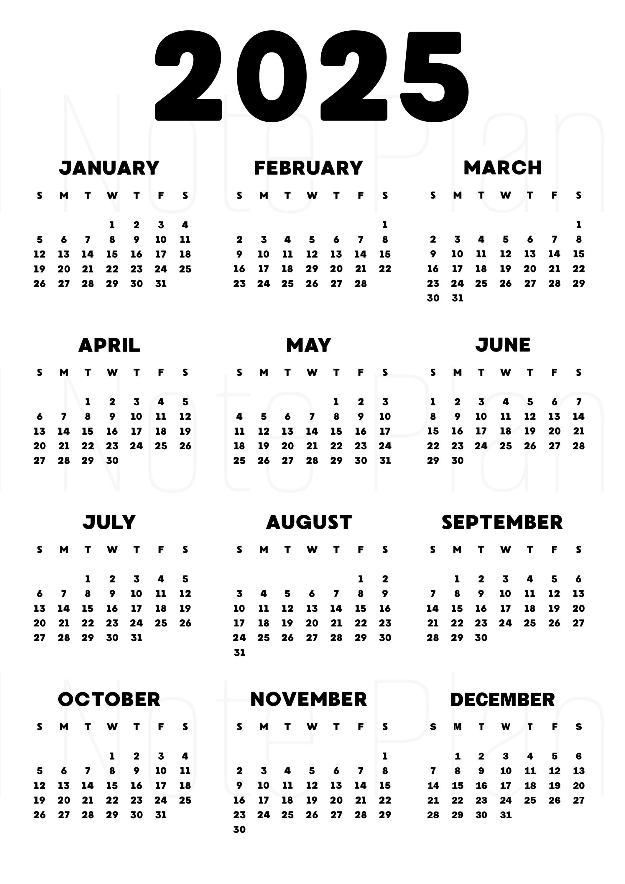 2025 Calendar PNG: Transparent Background, Sunday/monday Start (instant ...