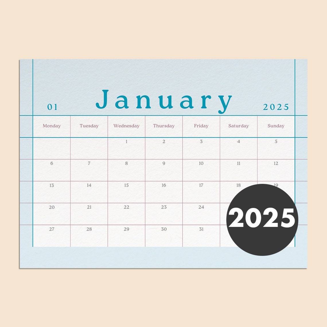 2025 Calendar Printable Blue Frame Design Minimalist Monthly Planner ...