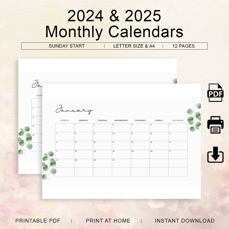 2024 & 2025 Calendar 2024 2025 Minimalist Plant-themed Horizontal ...