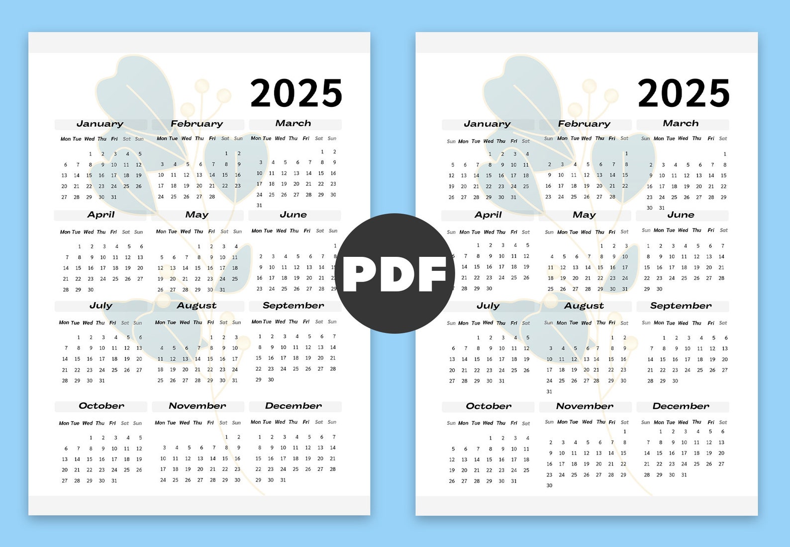 2025 Calendar One Sheet | Stylish Floral Design | Monday & Sunday Start ...