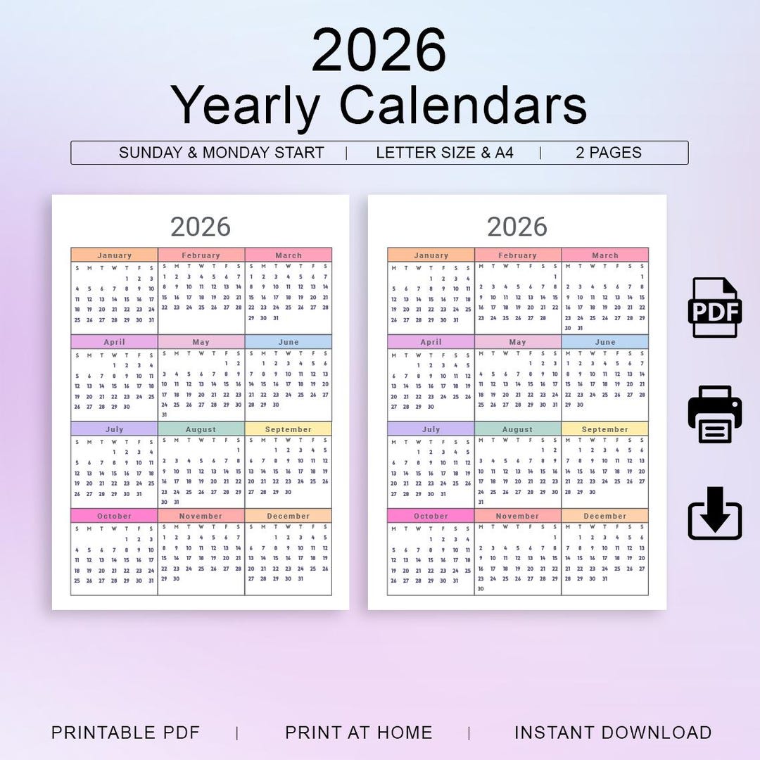 Colorful 2026 Calendar – Printable A4 & Letter, Printable PDF, Monday ...