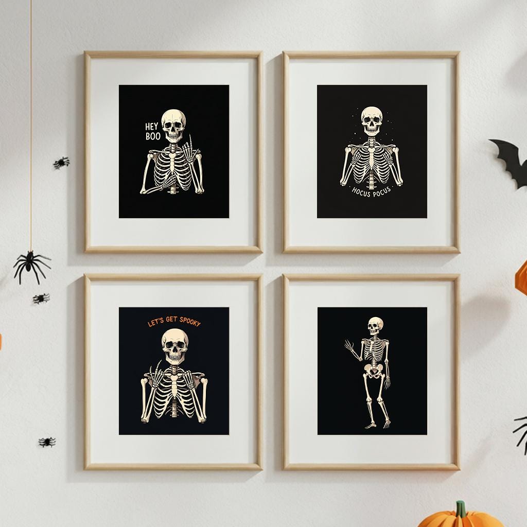 Skeleton Print SET of 8 Digital Prints. Halloween Printable Wall Art ...