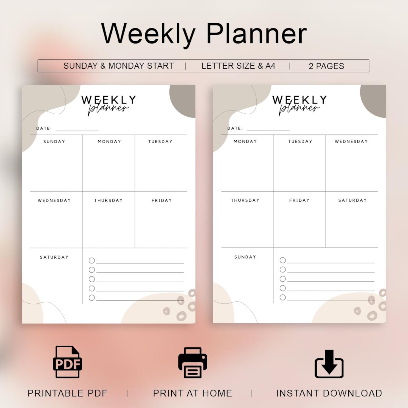 Weekly Planner PDF Minimalist Design Weekly Planner Beige Design With ...