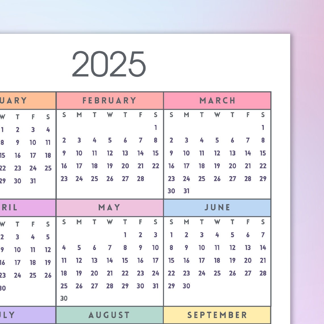 2024 2025 Yearly Calendar 2024 2025 Colorful Vertical Calendar One-page ...