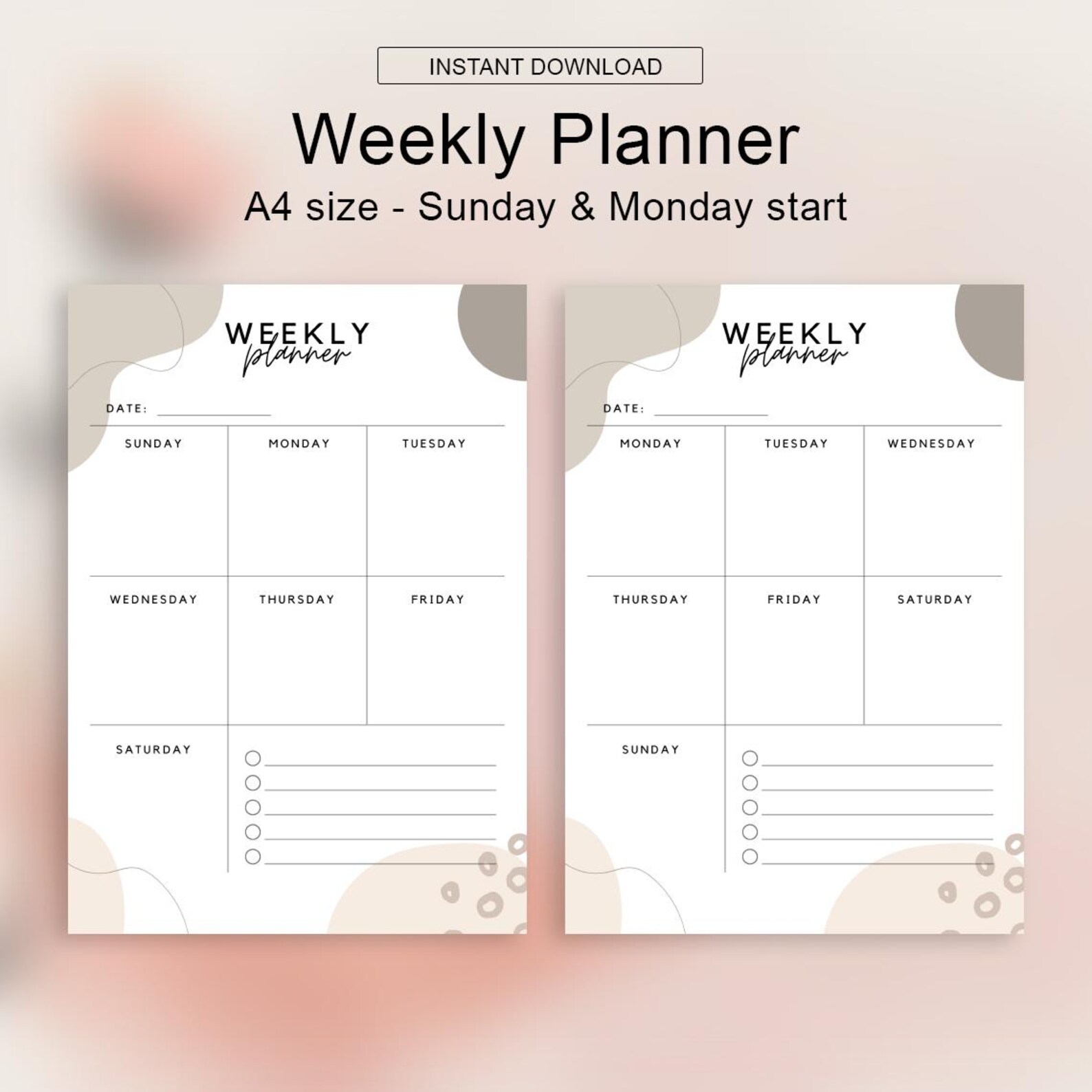 Weekly Planner PDF Minimalist Design Weekly Planner Beige Design With ...