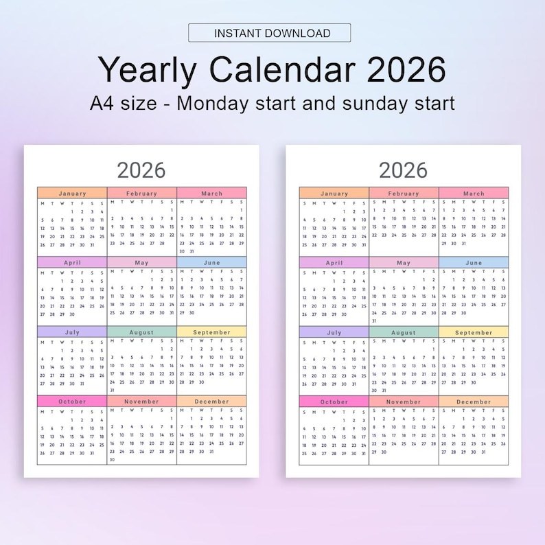 2025-2026 Yearly Calendar: A4 & Letter Size, Colorful Planner (PDF ...