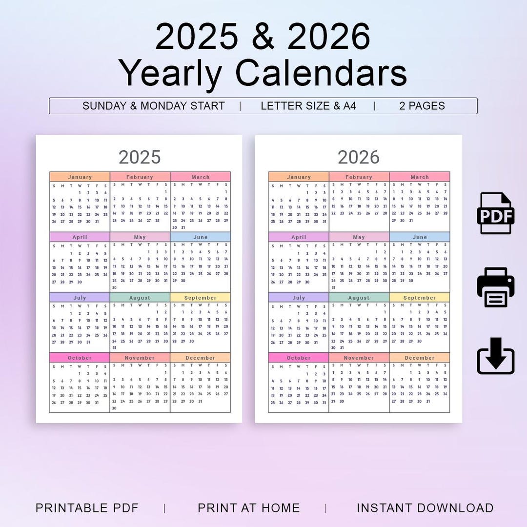 2025-2026 Yearly Calendar: A4 & Letter Size, Colorful Planner (PDF ...