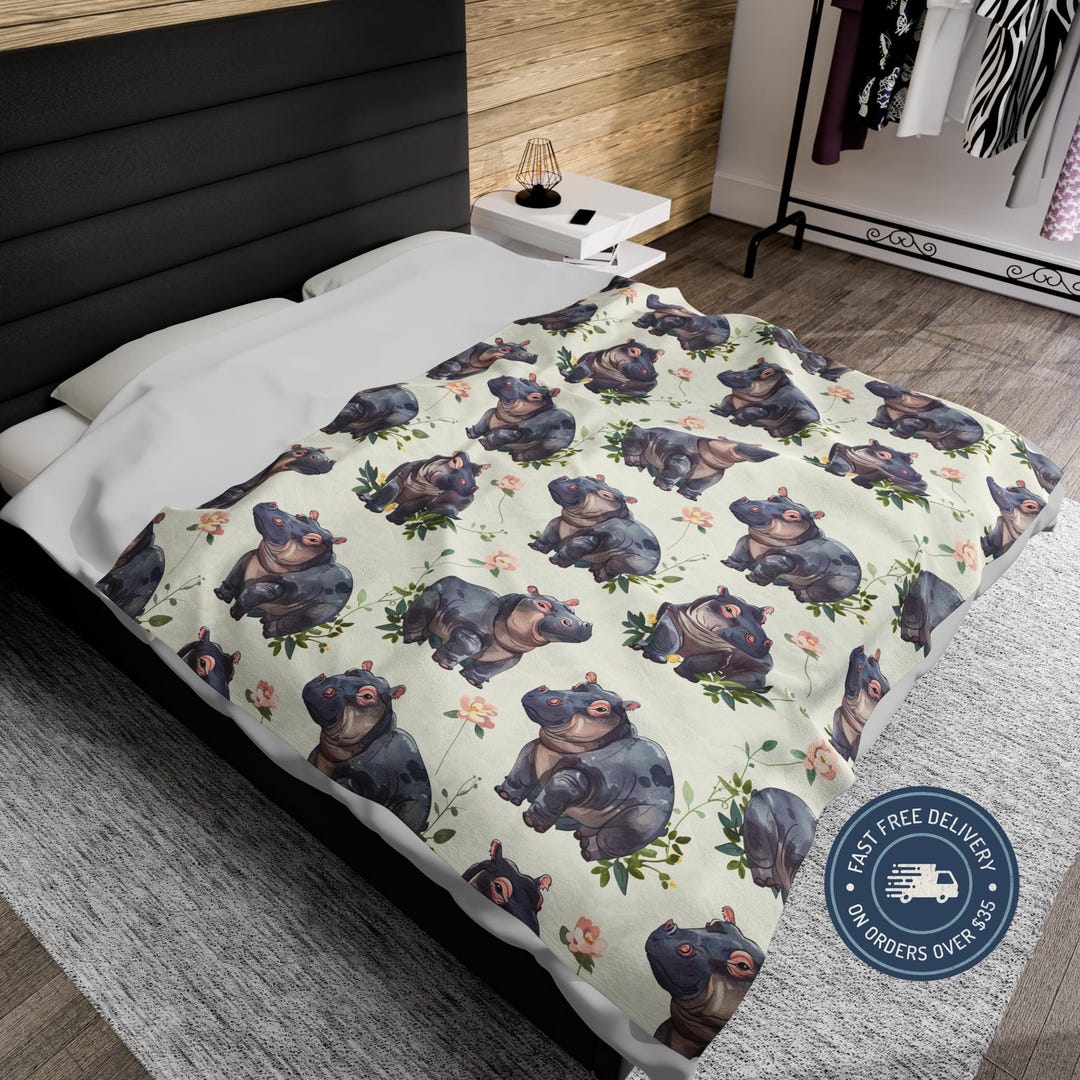 Hippo Plush Blanket | Velveteen Cozy Bedding, Nursery Decor - Etsy