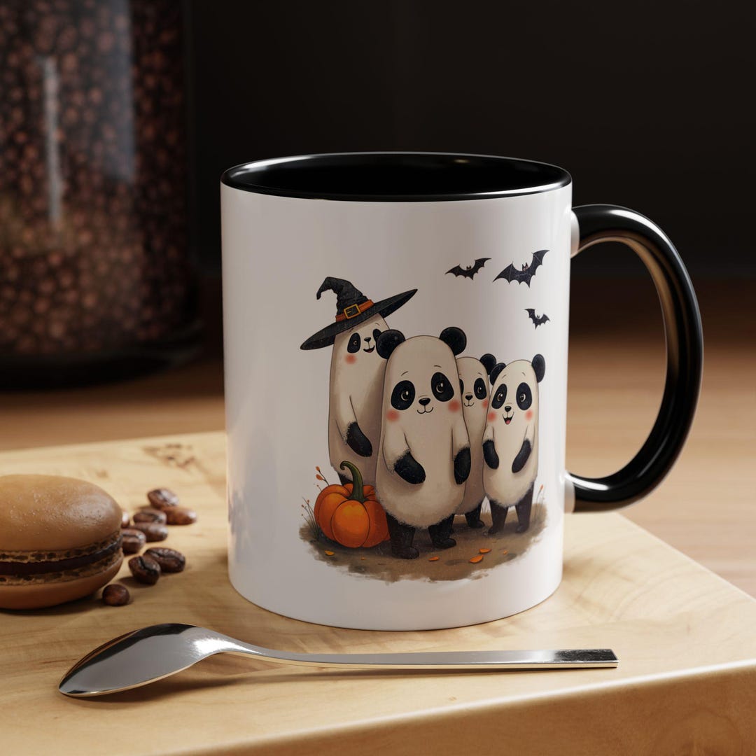 Cute Halloween Panda Mug, Ghost Pandas With Pumpkin and Bats, Spooky ...