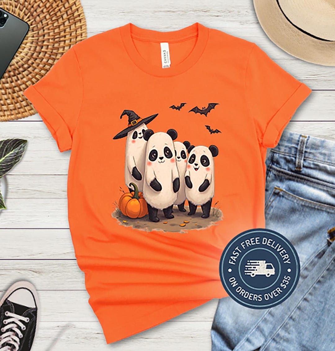 Cute Panda Ghosts Halloween T-shirt, Adorable Panda in Witch Hat ...