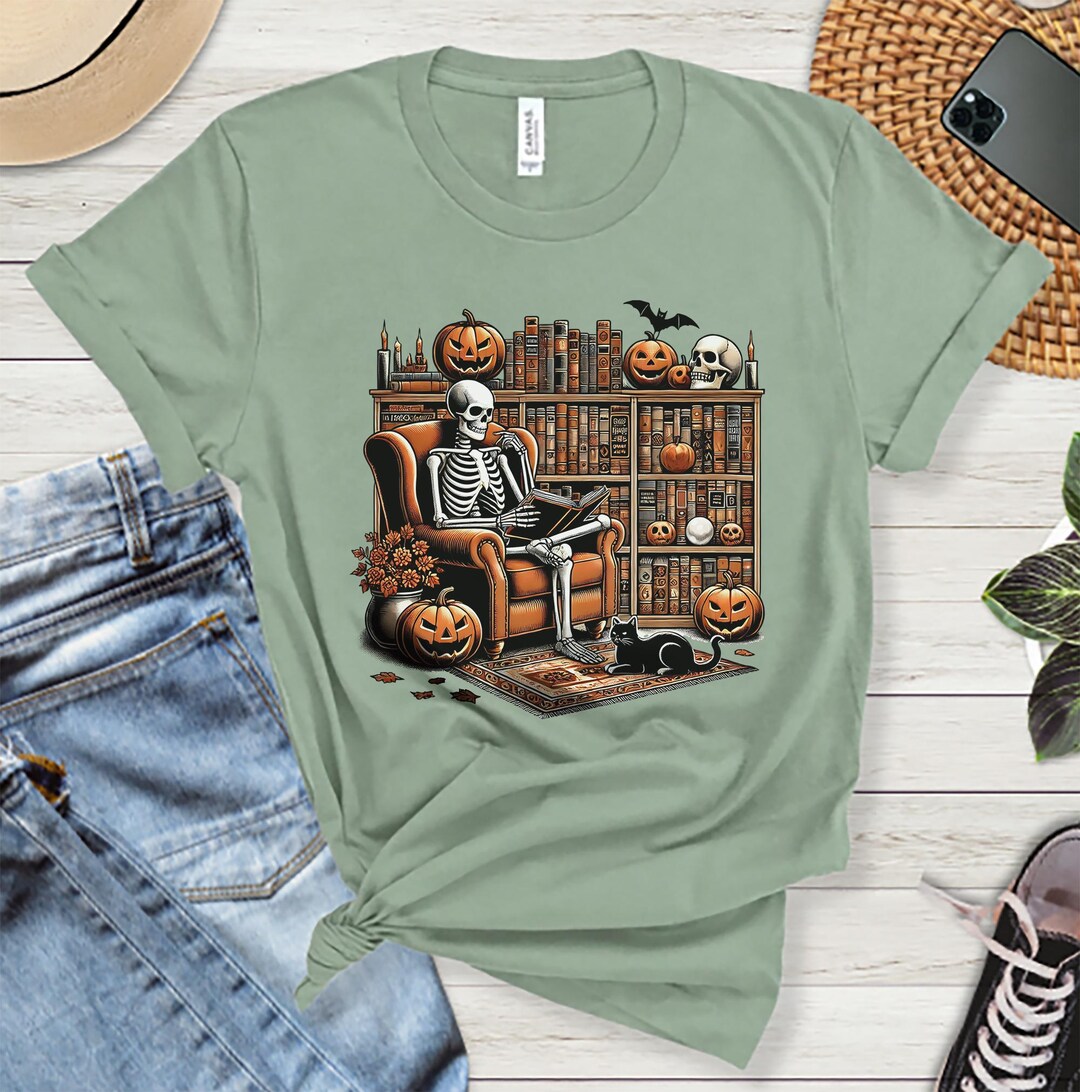 Retro Halloween Skeleton Reading T-shirt, Librarian Teacher Tee - Etsy