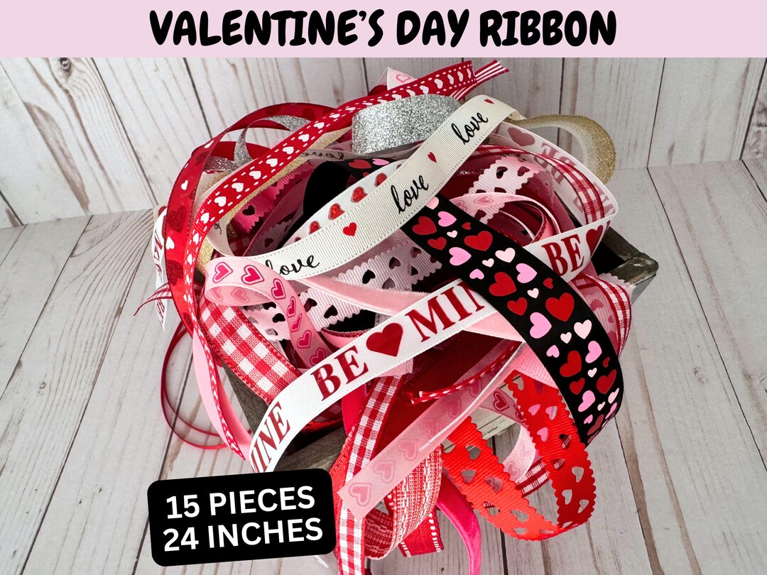 24 Inch Valentine's Day Ribbon Bundle Assortment, Pink and Red Heart ...