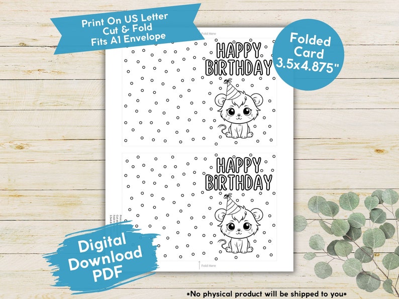 Colorable Kids Birthday Card, Printable Happy Birthday Card, Printable ...