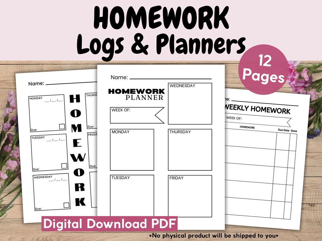 Homework Log and Planner Bundle in Black and White, Printable Weekly ...