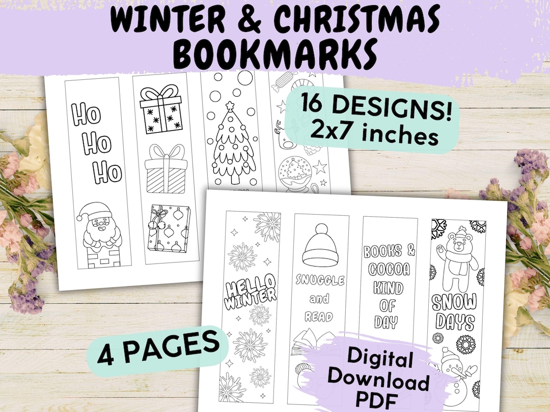 Winter and Christmas Themed Coloring Bookmarks for Kids, Printable ...