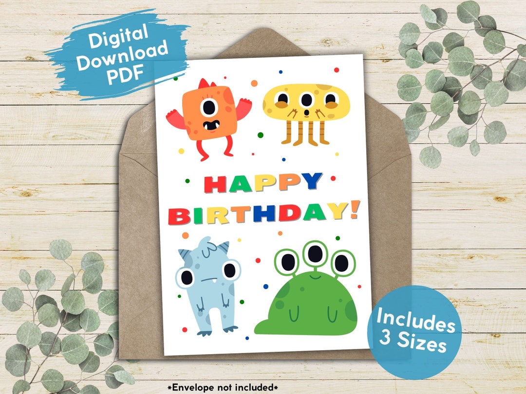 Cute Kids Happy Birthday Carding, Monster Cuteness, Printable Birthday ...