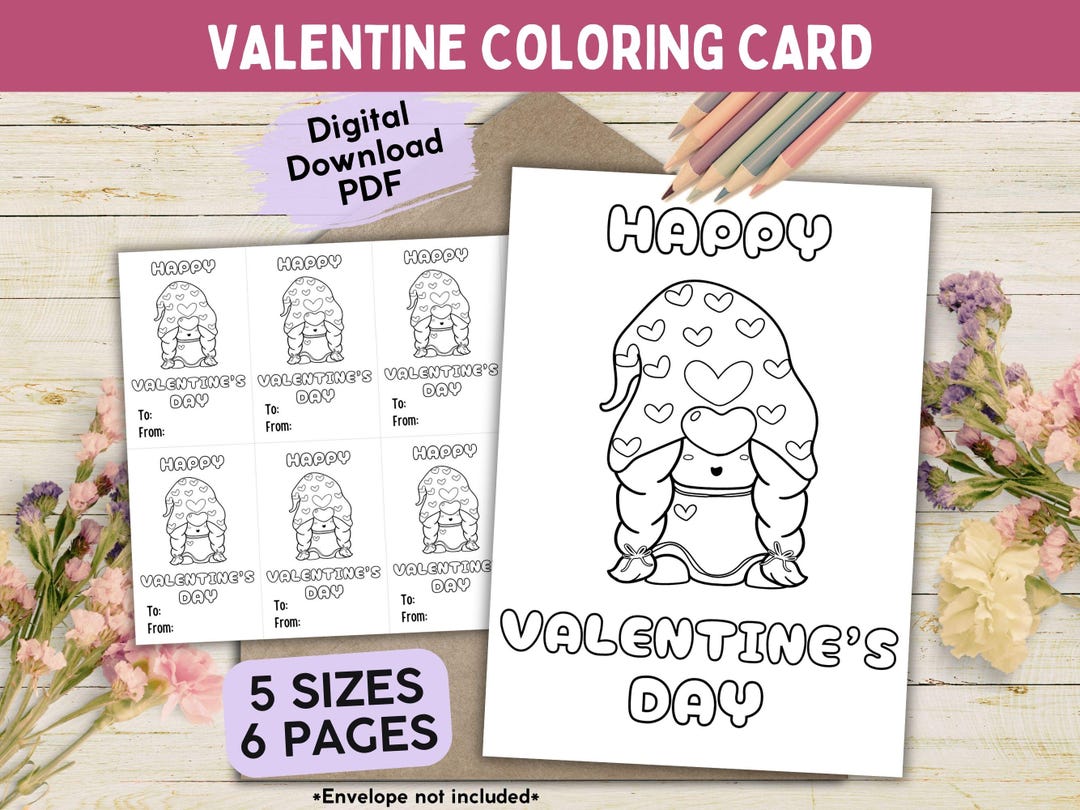 Gnome Heart Valentine's Day Coloring Card for Kids, Printable Valentine ...