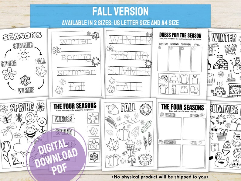 Four Seasons Printable Coloring Activity for Kids, Tracing and Cutting ...