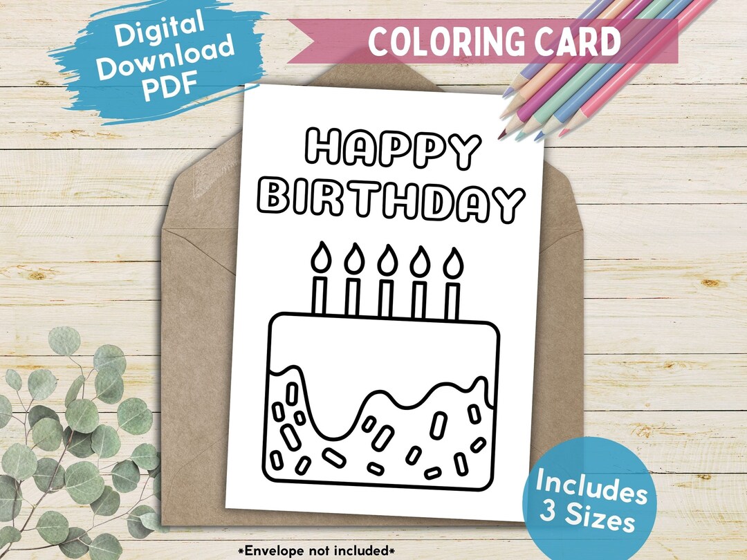 Bold Birthday Cake Coloring Card for Kids, Printable DIY Colorable ...