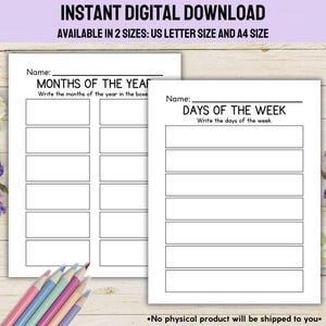 Days and Months Practice Worksheets for Kids, Printable Days of the ...