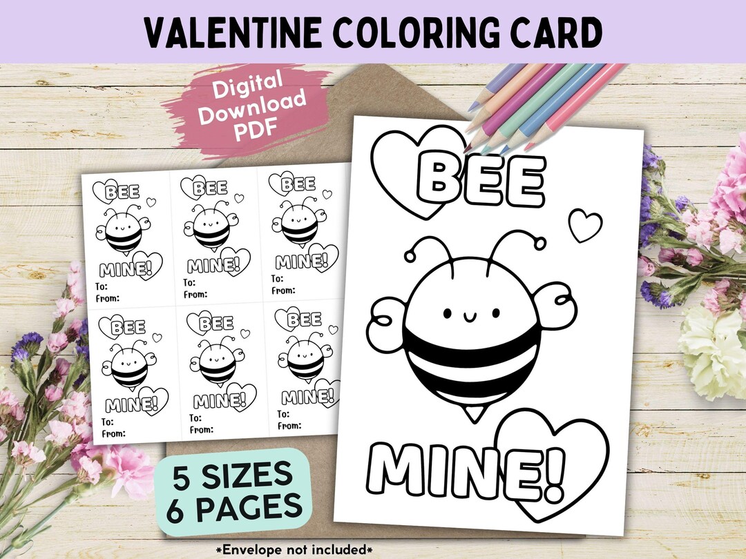 Bee Mine Cute Valentine's Day Printable Coloring Card for Kids ...