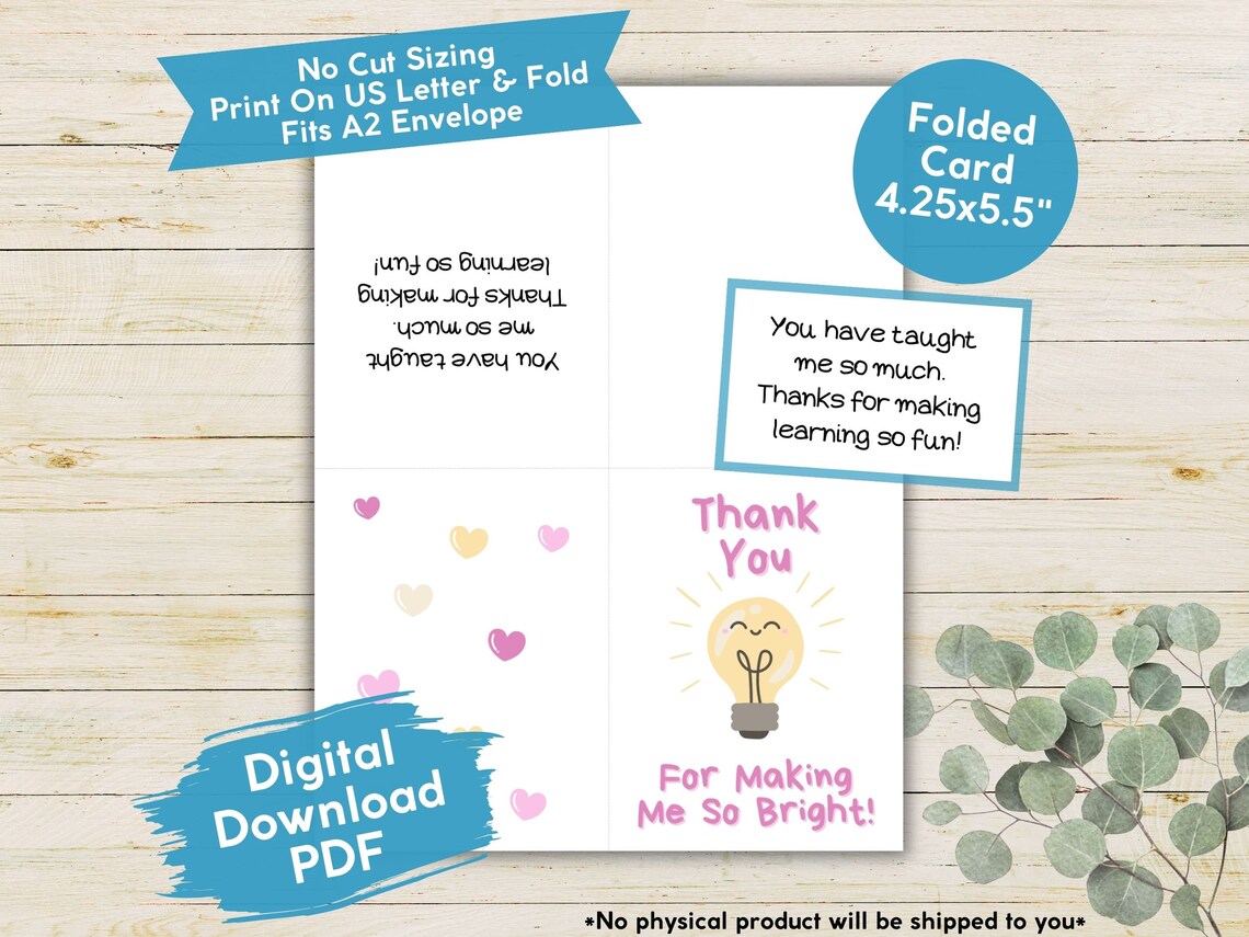 Teacher Appreciation Thank You Printable Carding, Thanks Teacher Card ...