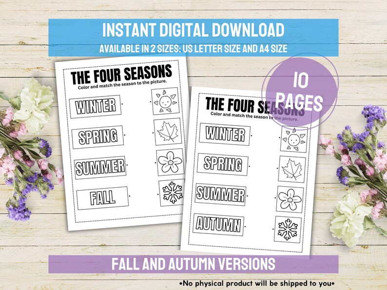 Four Seasons Printable Coloring Activity for Kids, Tracing and Cutting ...