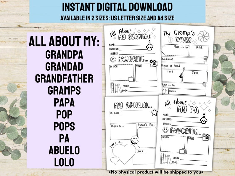 All About My Grandpa Printable Questionnaire Worksheet for Kids ...