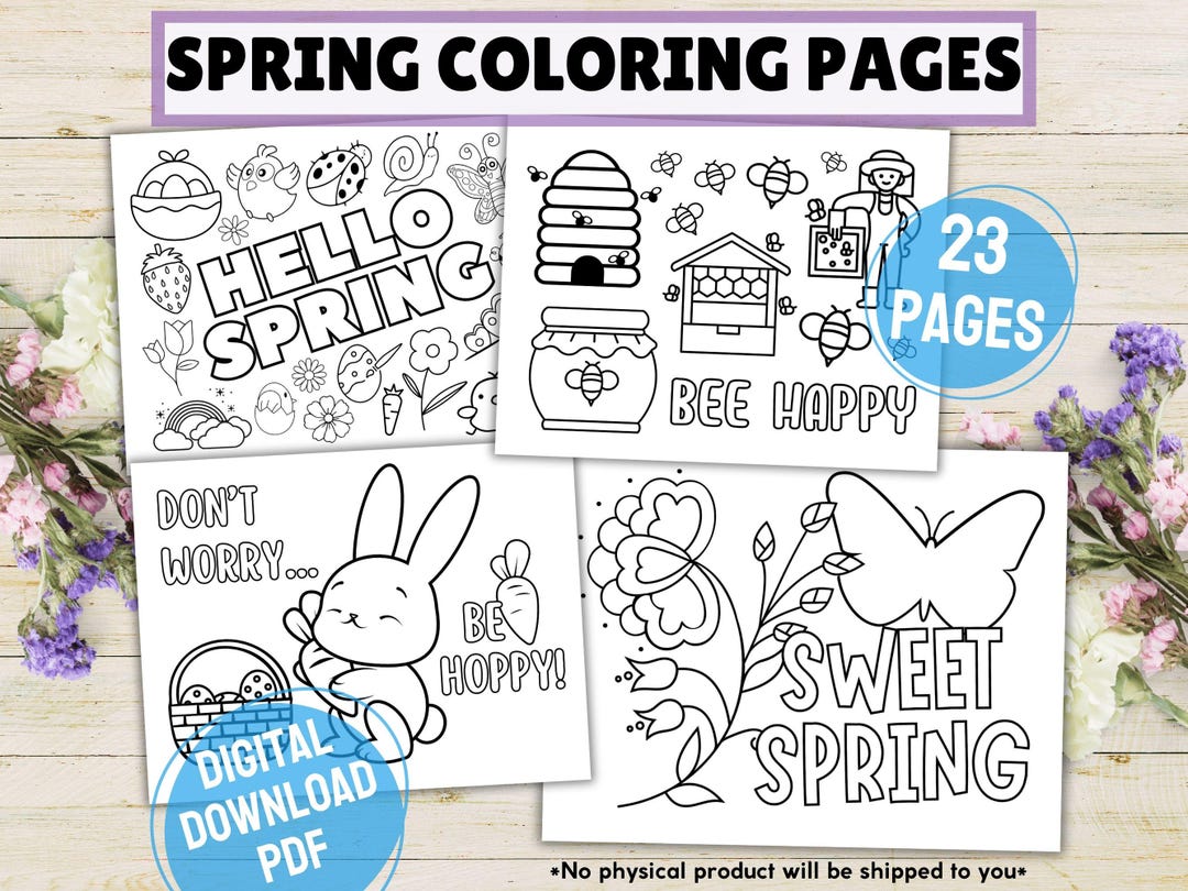 Spring Themed Printable Coloring Pages for Kids, Springtime Digital PDF ...