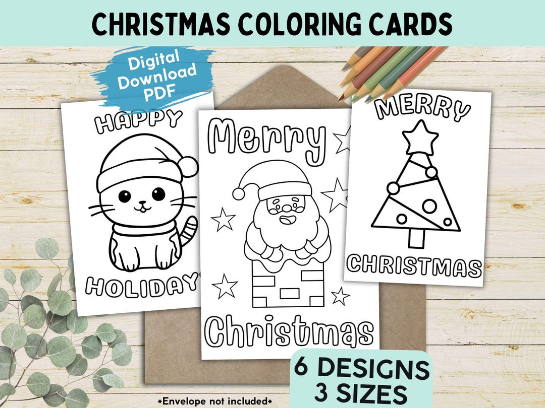 Merry Christmas Coloring Greeting Cards for Kids, Festive Holiday ...
