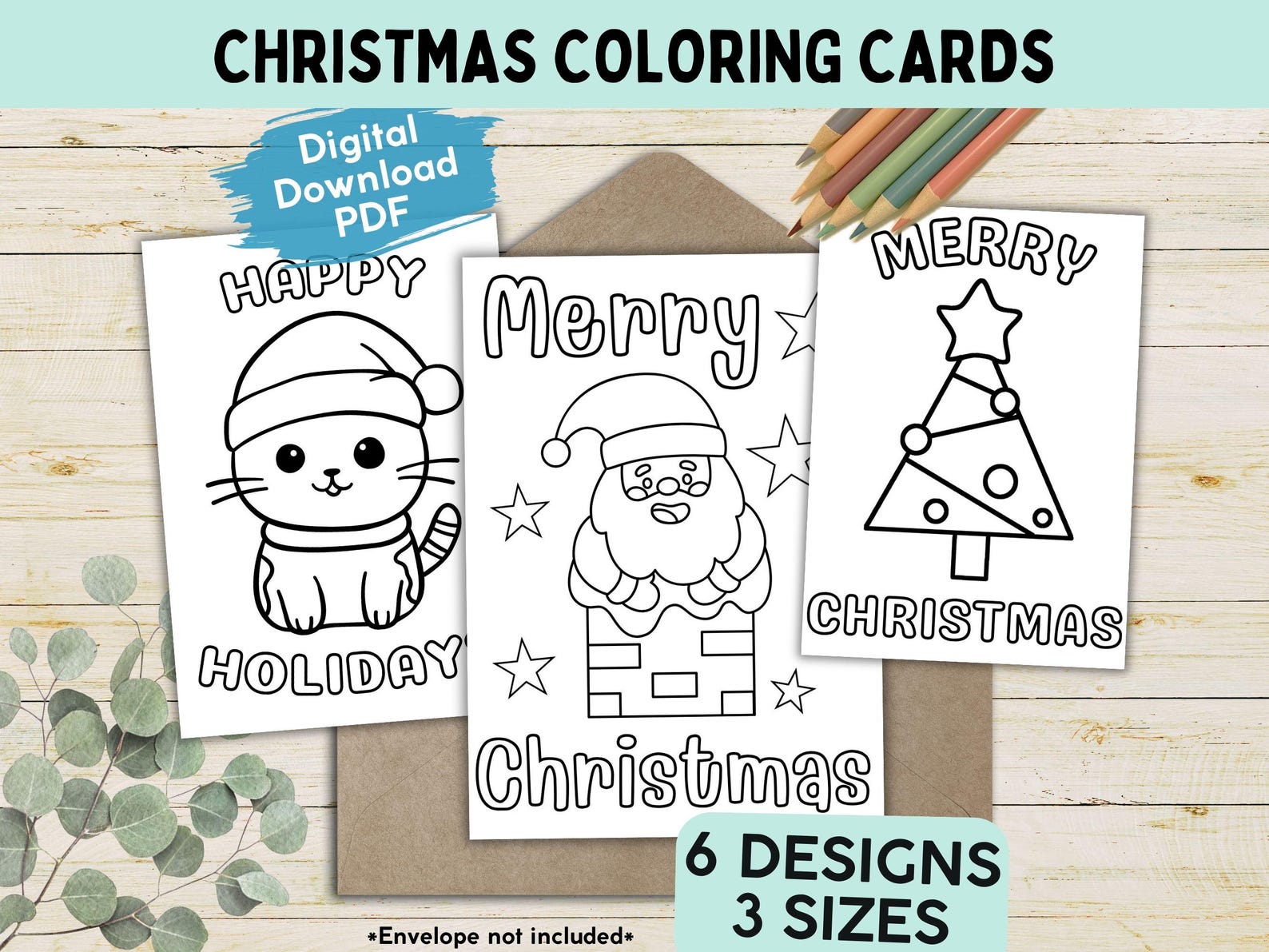 Merry Christmas Coloring Greeting Cards for Kids, Festive Holiday ...