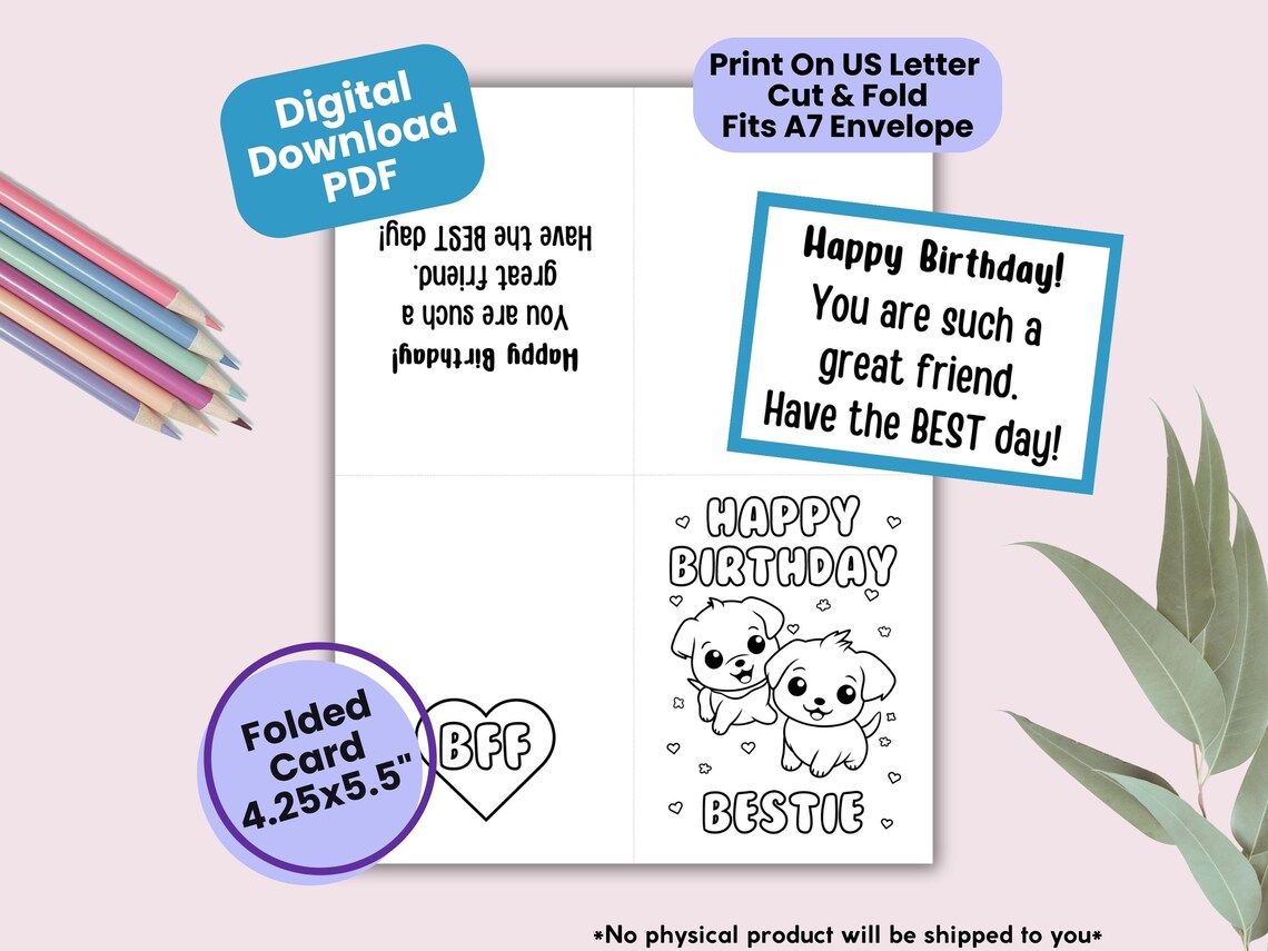 Best Friend Colorable Birthday Carding, Printable Birthday Cards ...