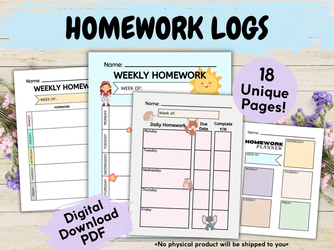 Colorful Homework Logs and Checklists Bundle for Kids, Printable ...