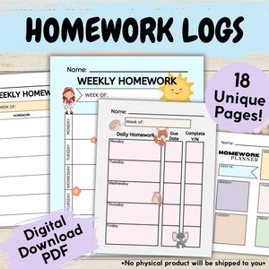 Colorful Homework Logs and Checklists Bundle for Kids, Printable ...