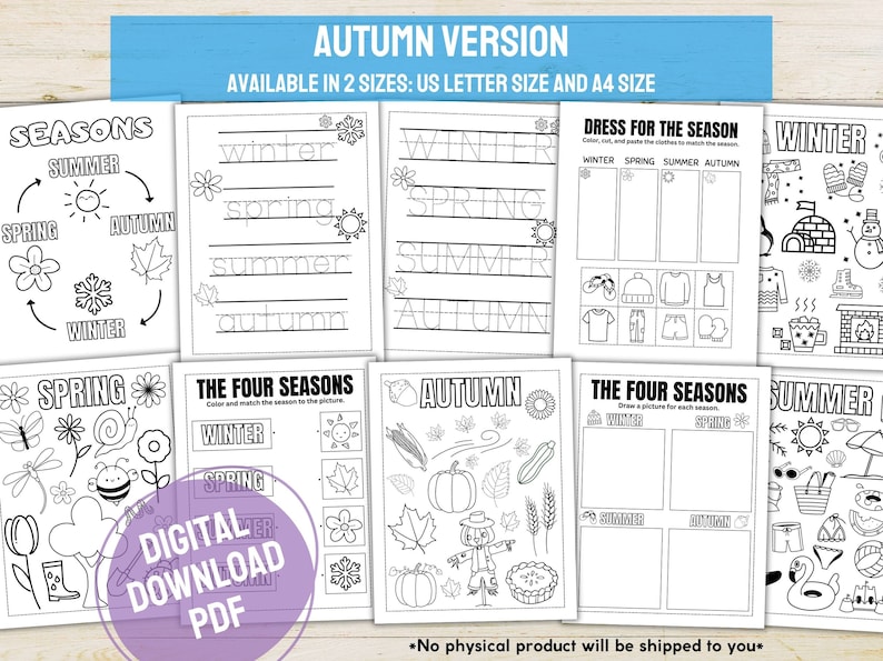 Four Seasons Printable Coloring Activity for Kids, Tracing and Cutting ...