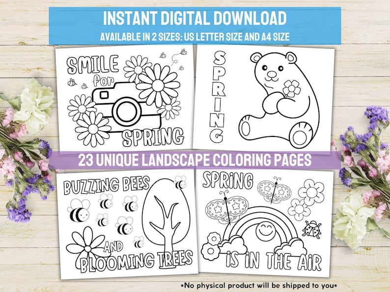 Spring Themed Printable Coloring Pages for Kids, Springtime Digital PDF ...