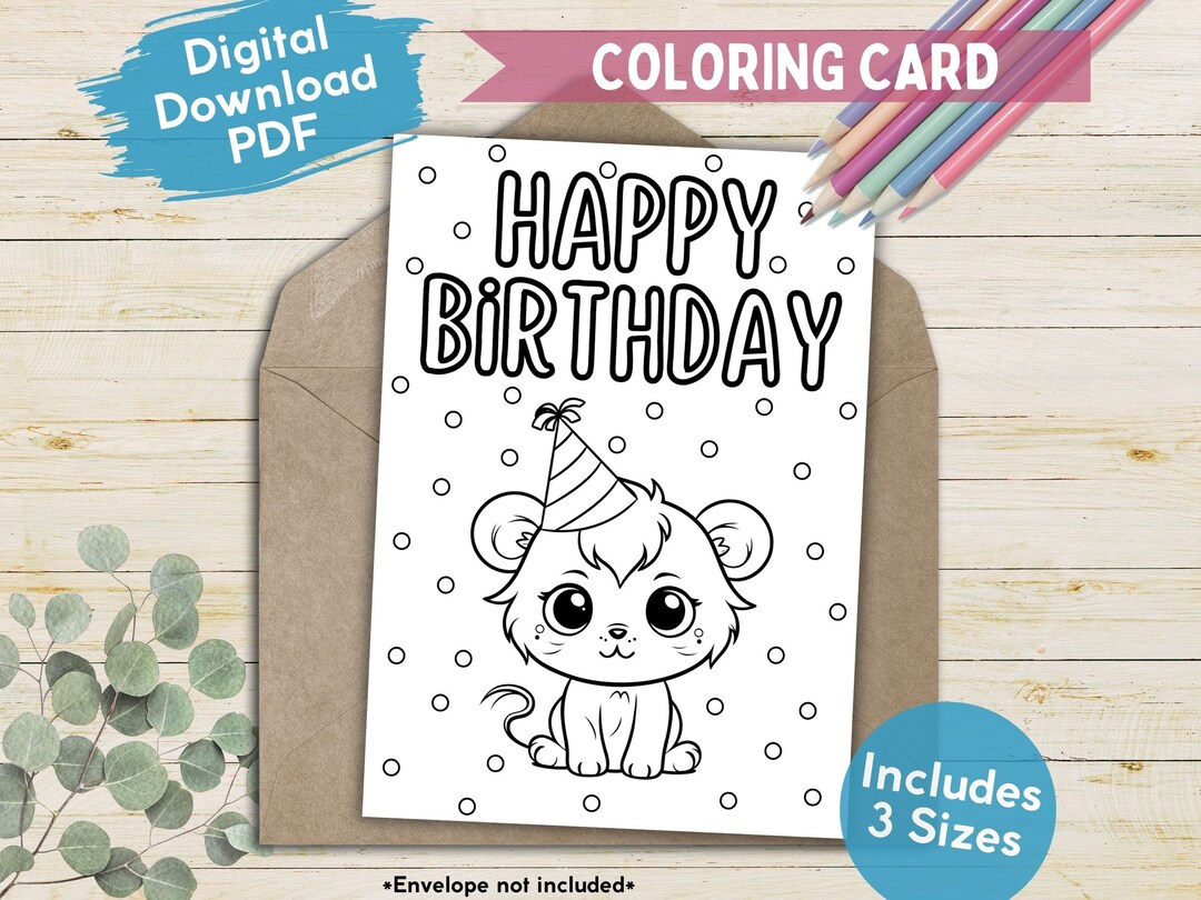 Colorable Kids Birthday Card, Printable Happy Birthday Card, Printable ...