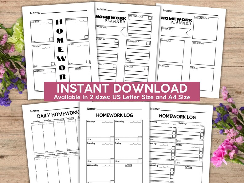 Homework Log and Planner Bundle in Black and White, Printable Weekly ...