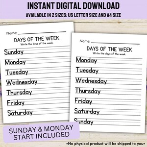 Days and Months Practice Worksheets for Kids, Printable Days of the ...