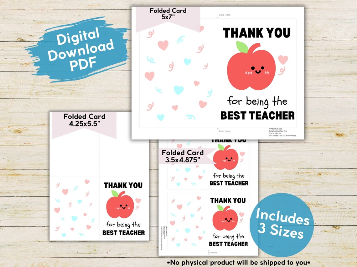 Cute Apple Thankyou Printable Carding, Appreciate Teacher Card, Thank ...