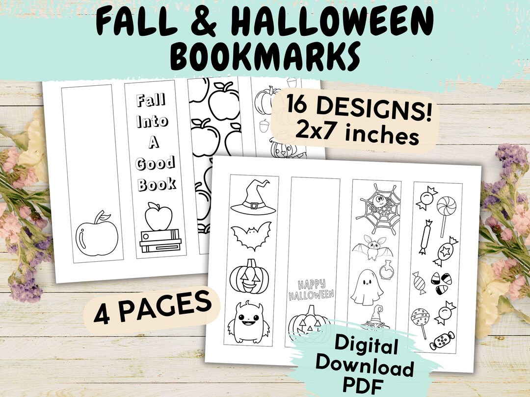 Fall and Halloween Themed Coloring Bookmarks for Kids, Printable ...
